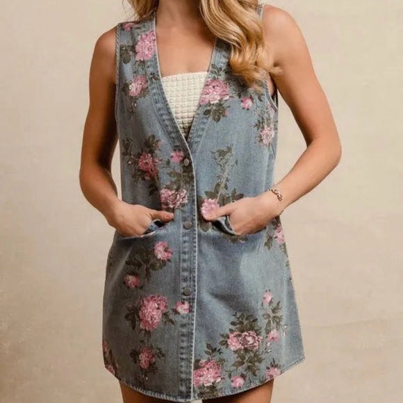 BiBi | Dresses | Bibi Floral Denim Mini Dress Blue And Pink | Poshmark